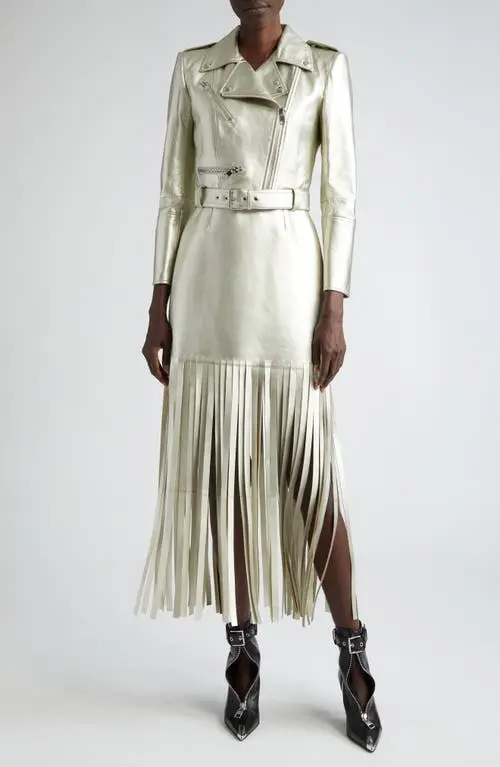Alexander Mcqueen Fringe Metallic Lambskin Leather Dress In Champagne - 80%  Off | Editorialist