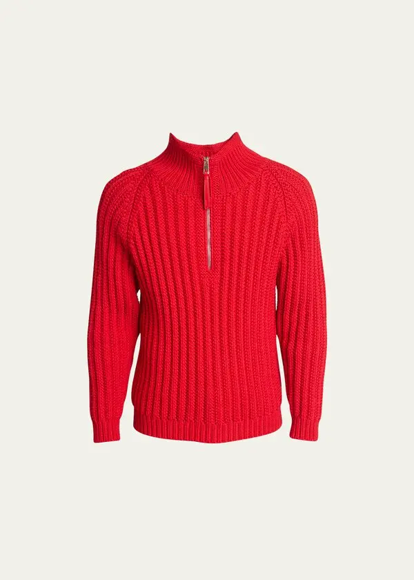 Loewe Ribbed Wool Quarter-Zip Sweater - Red | Editorialist