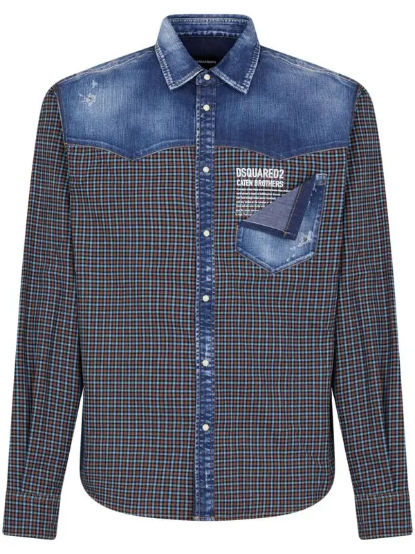 Dsquared2 Checked Panelled Denim Shirt - Blue