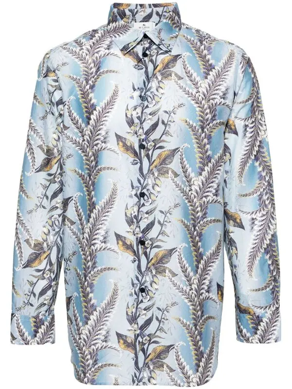 Etro Botanical-print Cotton Shirt - Blue