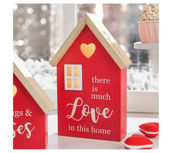 GLITZHOME S/2 Led Lighted Valentine's House Sha Ped Table Deco