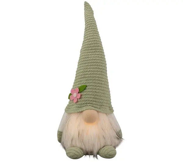 NORTHLIGHT Lighted Green Spring Gnome With Flow Er Hat