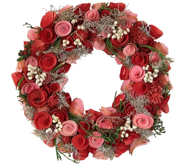NORTHLIGHT Pink And Red Wooden Roses Artificial Wreath - One-color