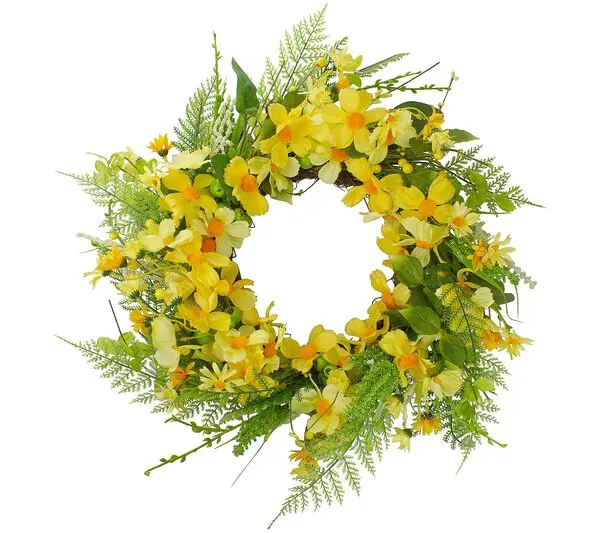 NORTHLIGHT Daisy & Berry Floral Spring Wreath Y Llow And Green - One-color