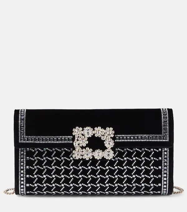 ROGER VIVIER Flower Strass Embellished Velvet Clutch - Black