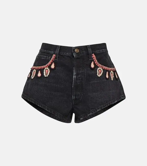 Alanui Embroidered Denim Shorts - Black