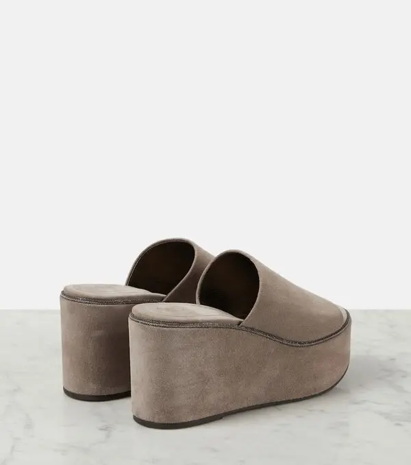 Brunello Cucinelli Suede Platform Slides Beige 30% Off