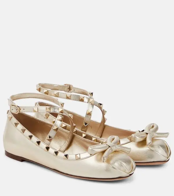 Valentino Garavani Rockstud Leather Ballet Flats - Gold