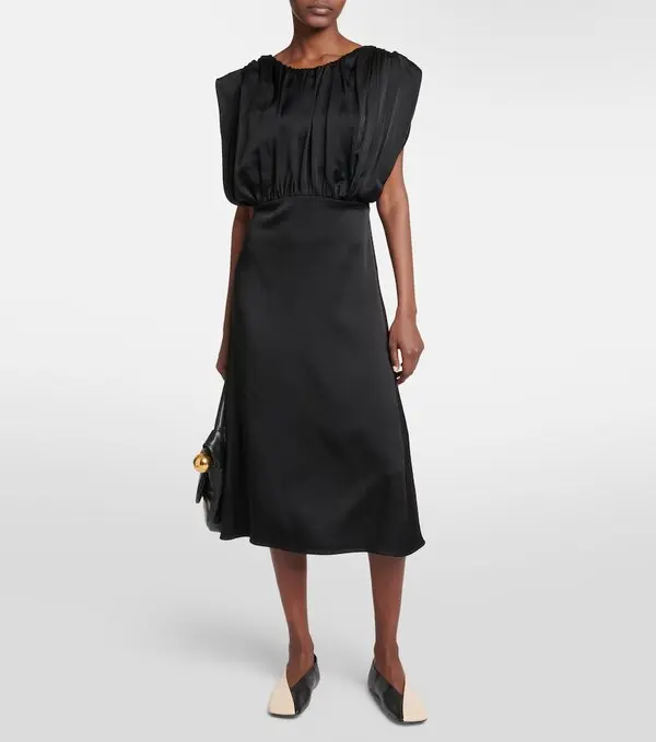 JIL SANDER Draped Satin Midi Dress - Black
