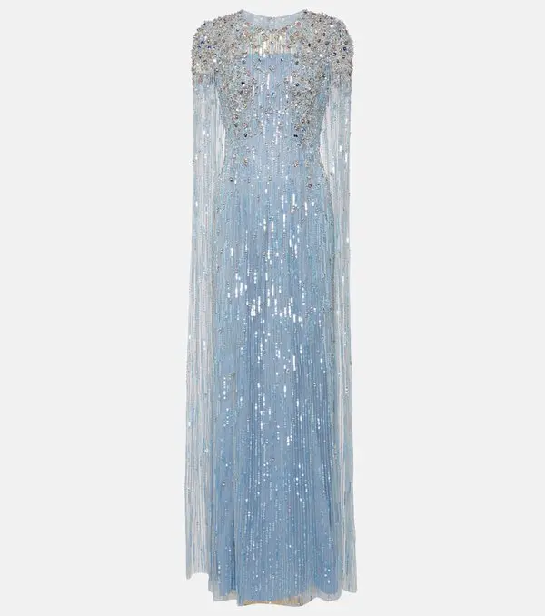 Jenny Packham Caped Sequined Crystal-embellished Gown