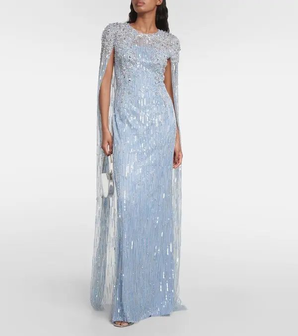 Jenny Packham Caped Sequined Crystal-embellished Gown
