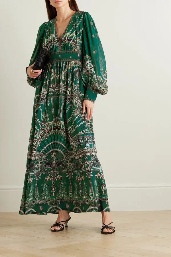 Camilla Embellished Printed Silk-Crepe Maxi Dress In Green - 60% Off |  Editorialist