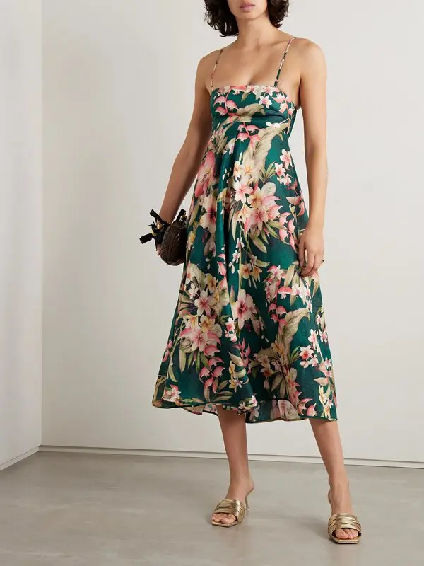 zimmermann silk linen printed fishbone strapless halter dress Dawning Linen-Silk Corset Midi Dress By Zimmermann | Moda Operandi