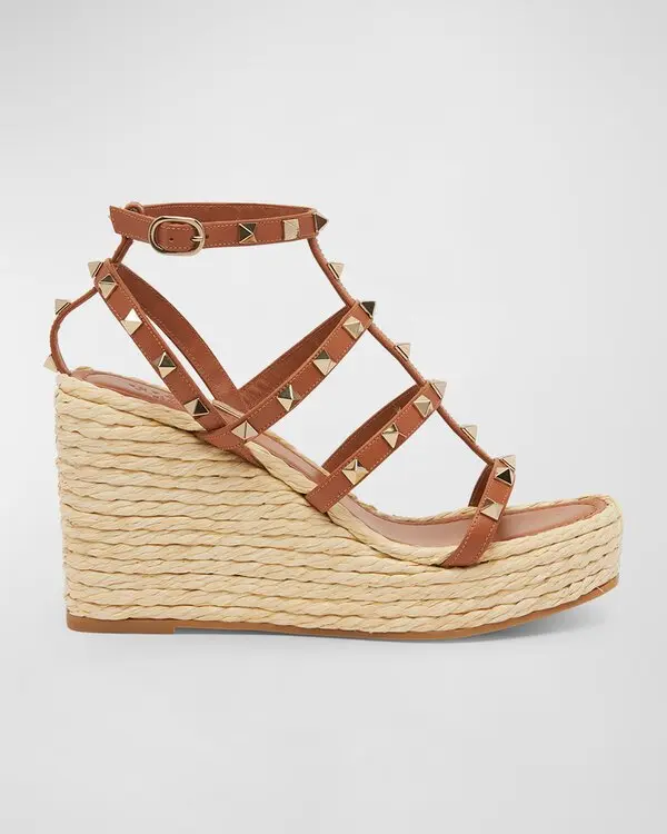 Valentino Garavani Rockstud Caged Espadrille Wedge Sandals - Almond Beige/naturale