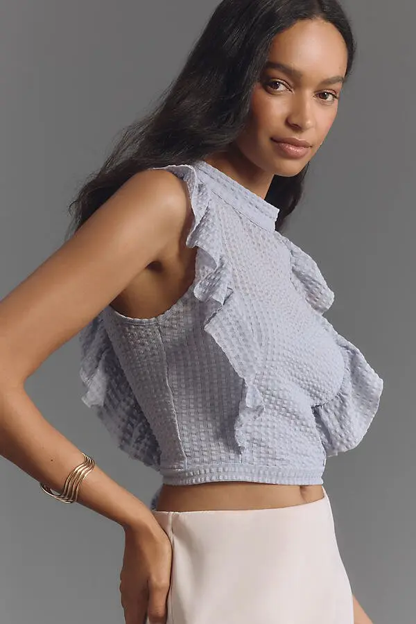 Maeve Cropped Ruffle Mesh Top - Grey