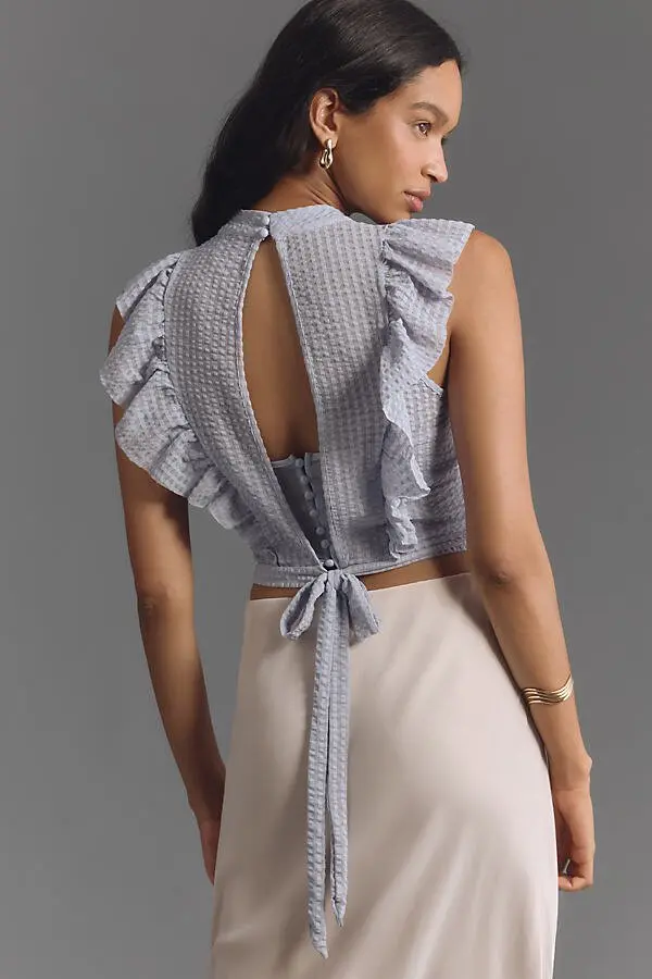 Maeve Cropped Ruffle Mesh Top - Grey