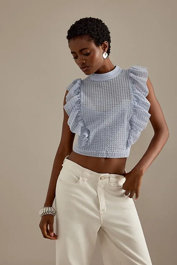 Maeve Cropped Ruffle Mesh Top - Grey