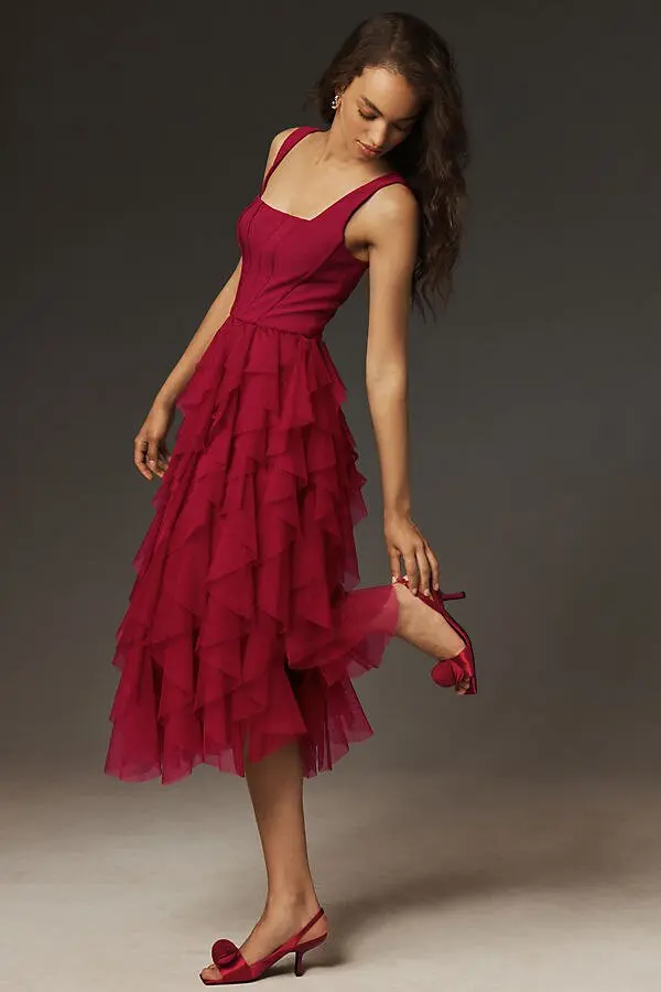 Bhldn Talia Square-Neck Corset Tulle Midi Dress - Red | Editorialist