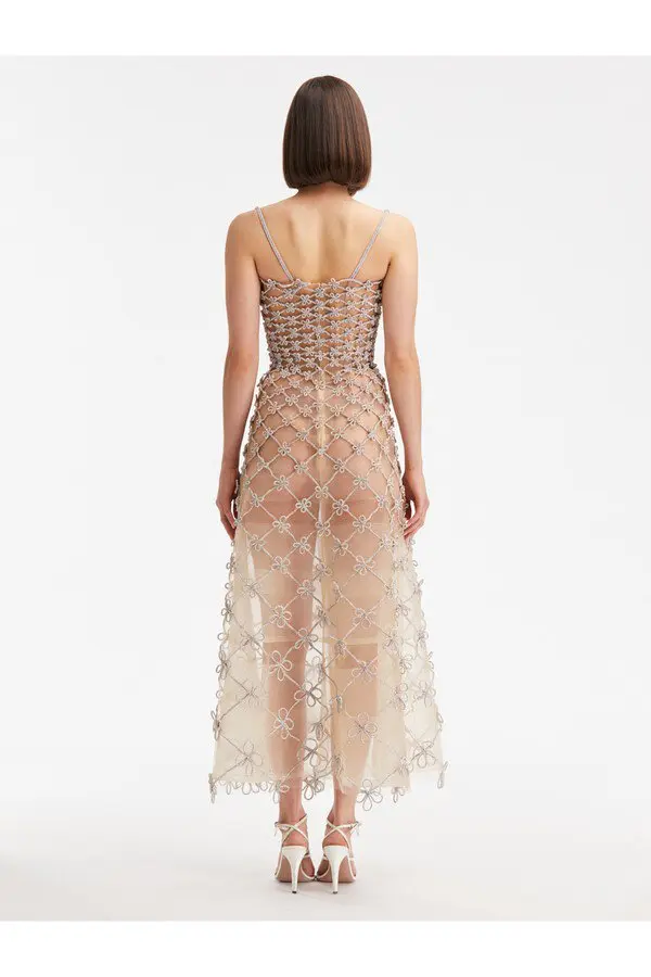 crystal embroidered grid cocktail dress GRAPEFRUIT CRYSTAL GRID DRESS  CUCCULELLI SHAHEEN