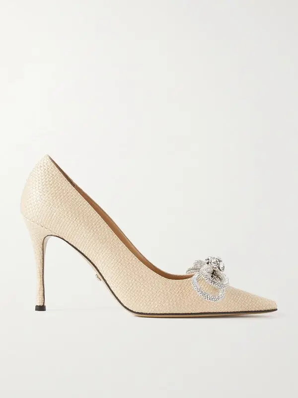 Mach & Mach Double Bow Crystal-embellished Raffia Pumps