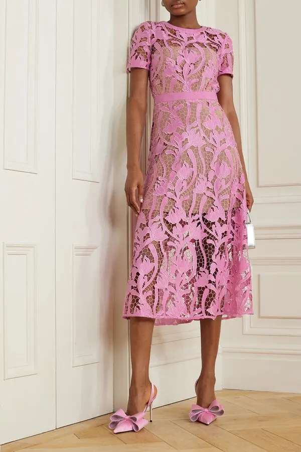 Self-Portrait Grosgrain-Trimmed Embroidered Satin And Guipure Lace Midi  Dress - Pink - 60% Off | Editorialist