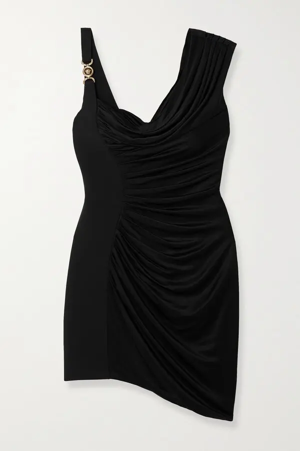 Versace Asymmetric Embellished Draped Jersey Mini Dress - Black