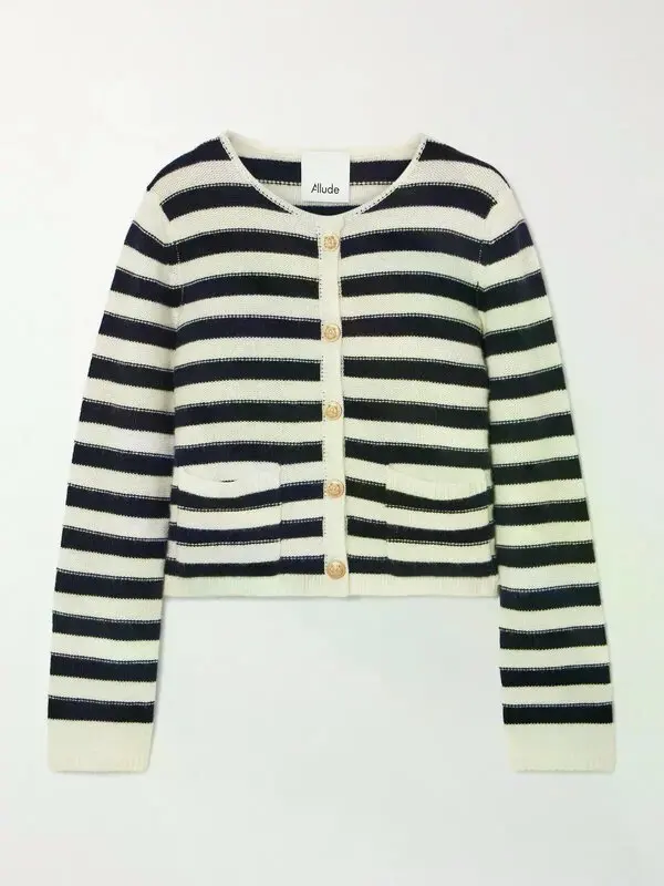 ALLUDE Striped Wool And Cashmere-blend Cardigan - Blue
