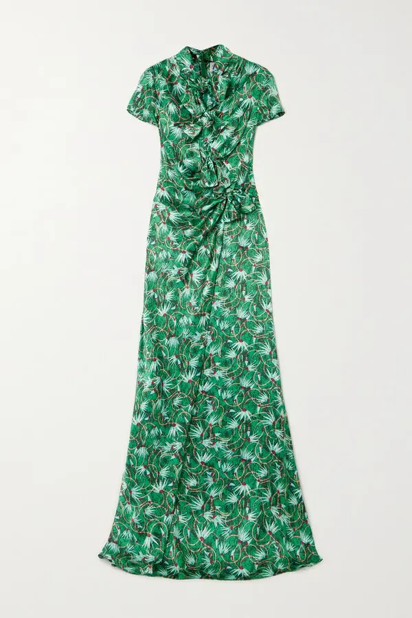 Saloni Kelly Bow-Embellished Printed Silk-Satin Maxi Dress In Green - 40%  Off | Editorialist