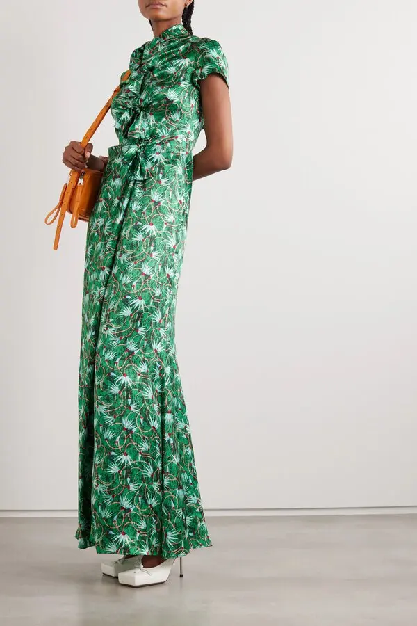 Saloni Kelly Bow-Embellished Printed Silk-Satin Maxi Dress In Green - 40%  Off | Editorialist