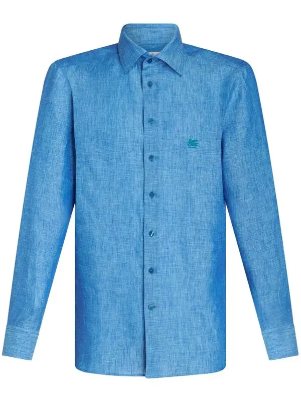 Etro Pegaso-embroidered Mélange-effect Shirt - Blue