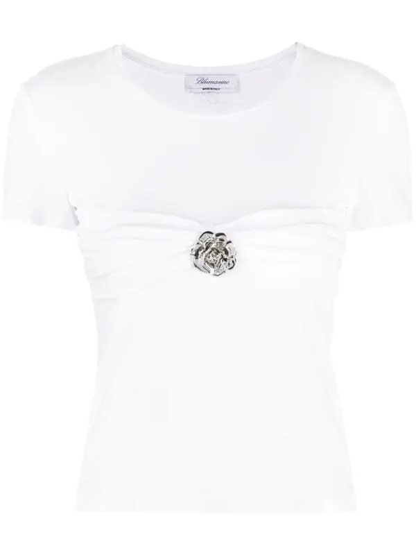 Blumarine Rose-brooch Cotton T-shirt - White