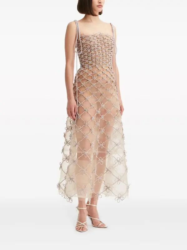 Oscar De La Renta Crystal-Grid Midi Dress - Neutrals | Editorialist