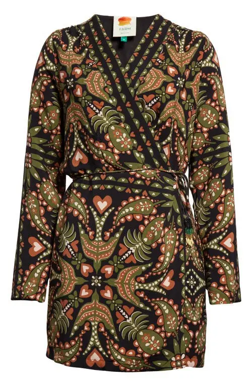 black martina scarf long sleeve wrap mini dress Farm Rio Martina Long Sleeve Wrap Dress In Black - 60% Off