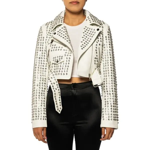 DIESEL 中華新年モデル クラック加工 ホワイト レザー ジャケット Azalea Wang Gazette Studded Faux Leather Moto Jacket - White