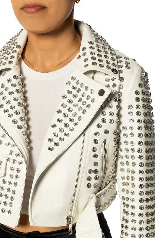 Azalea Wang Gazette Studded Faux Leather Moto Jacket - White