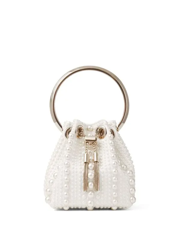 JIMMY CHOO Pearl-embellished Bucket Bag - White