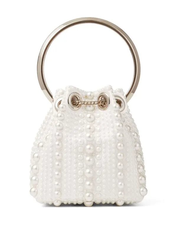 JIMMY CHOO Pearl-embellished Bucket Bag - White