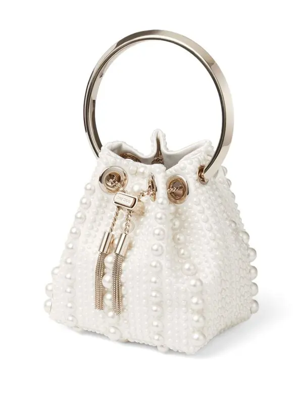 JIMMY CHOO Pearl-embellished Bucket Bag - White