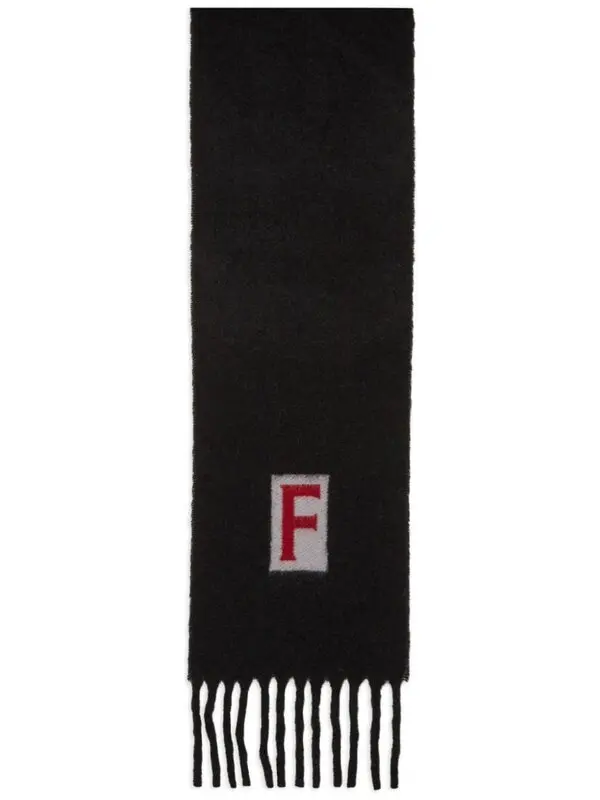 FERRAGAMO Logo Intarsia-knit Fringed Scarf - Black