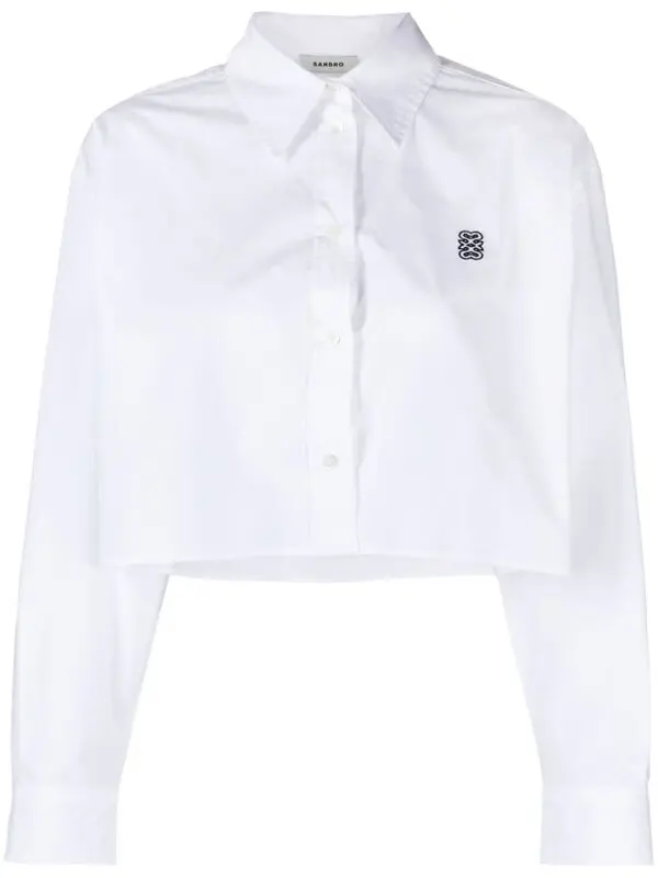 Sandro Cropped Poplin Cotton Shirt With Double S Embroidery - White