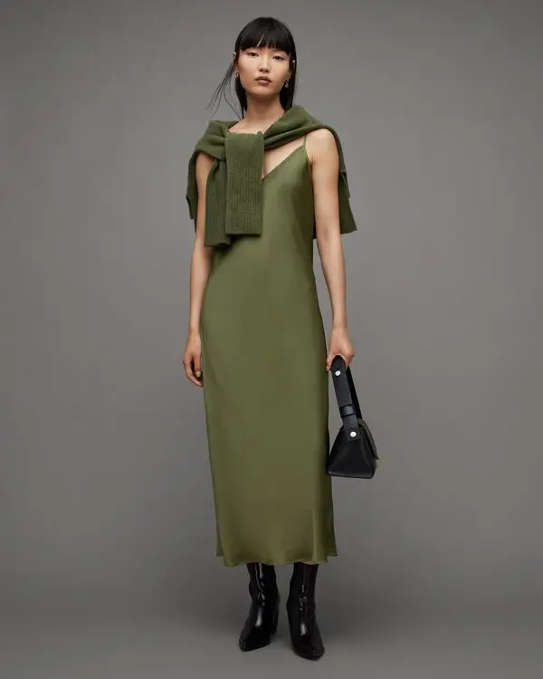 all saints 2 in 1 dress green Allsaints Tierny 2-In-1 Crew Neck Slip Dress In Green - 20% Off