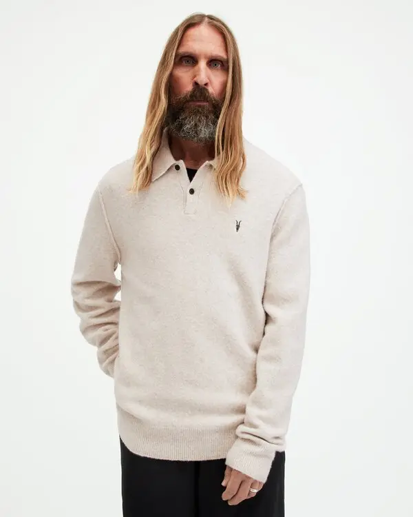 ALLSAINTS Statten Long Sleeve Polo Sweater - Oatmeal White