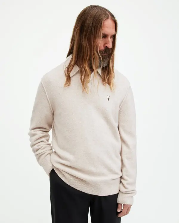 ALLSAINTS Statten Long Sleeve Polo Sweater - Oatmeal White