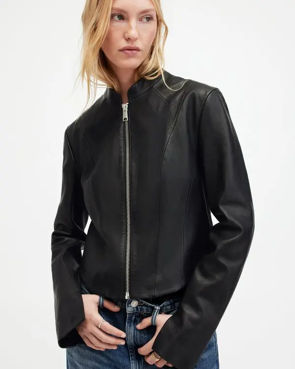 ALLSAINTS Sadler Slim Fit Washed Leather Jacket With Stand Collar - Black