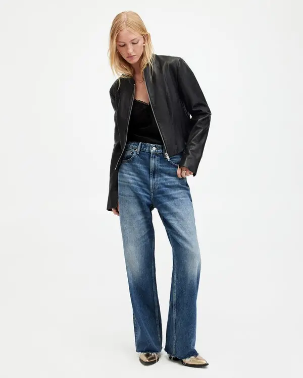 ALLSAINTS Sadler Slim Fit Washed Leather Jacket With Stand Collar - Black