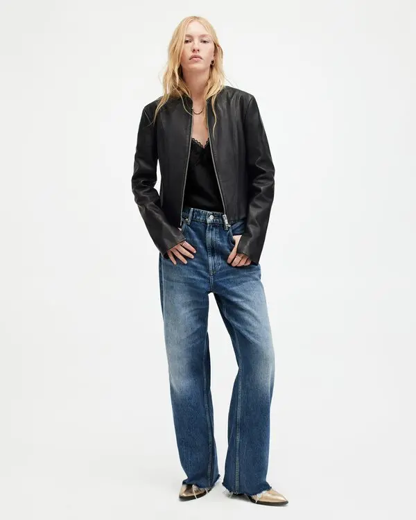 ALLSAINTS Sadler Slim Fit Washed Leather Jacket With Stand Collar - Black