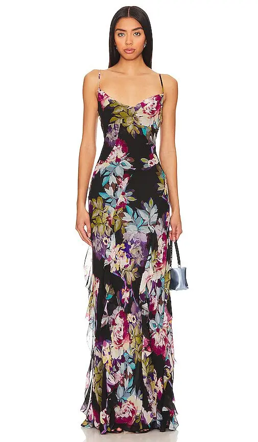 NICHOLAS Kamila Ruffle Cowl Gown - Antique Floral Black