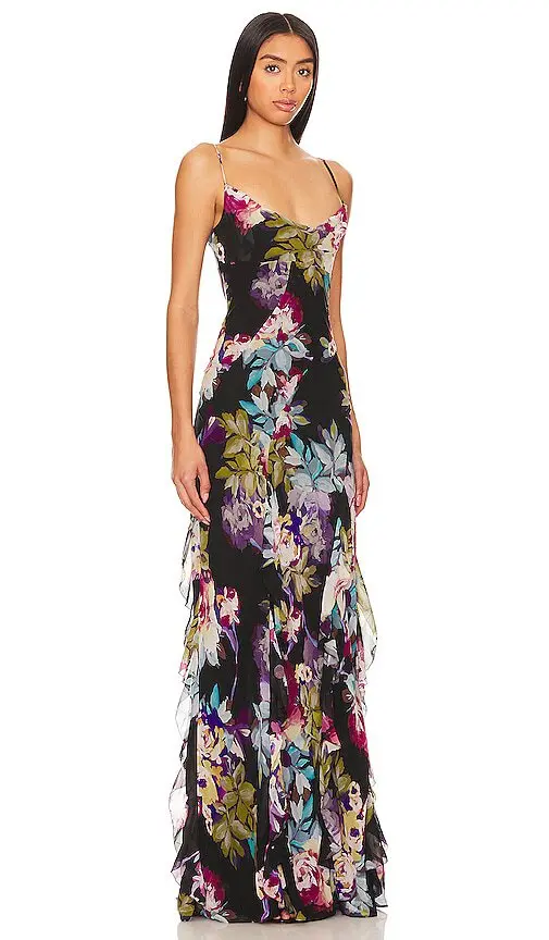 NICHOLAS Kamila Ruffle Cowl Gown - Antique Floral Black