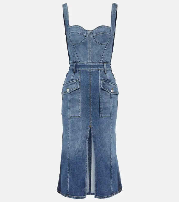 Alexander Mcqueen Corset Denim Midi Dress - Blue | Editorialist