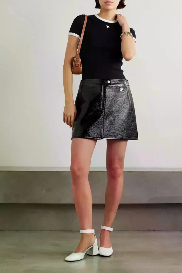COURREGES Reedition Appliquéd Coated Cotton-blend Mini Skirt - Black